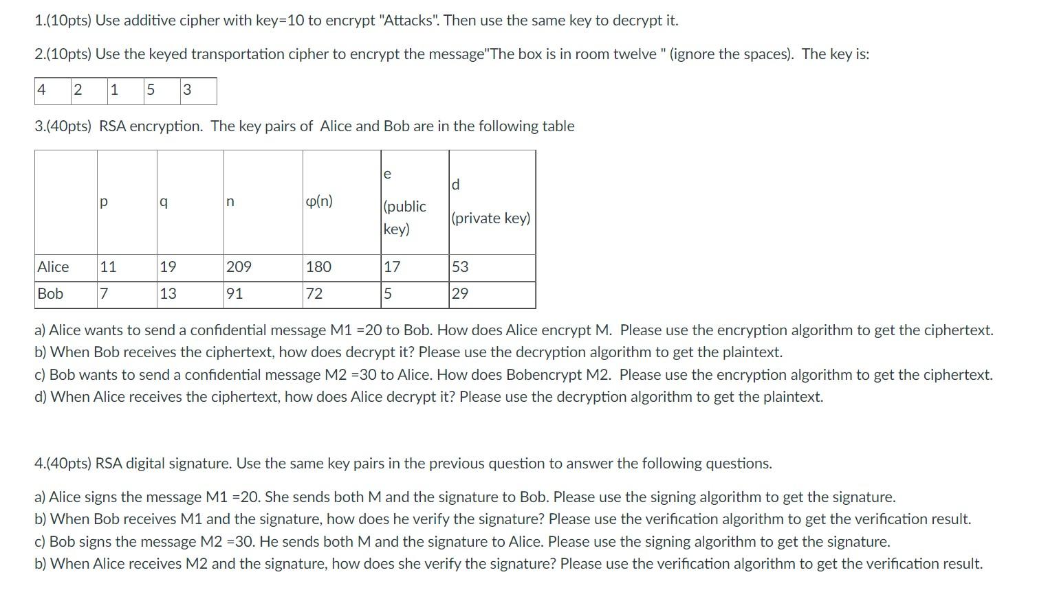 Solved 1.(10pts) Use additive cipher with key=10 to encrypt | Chegg.com