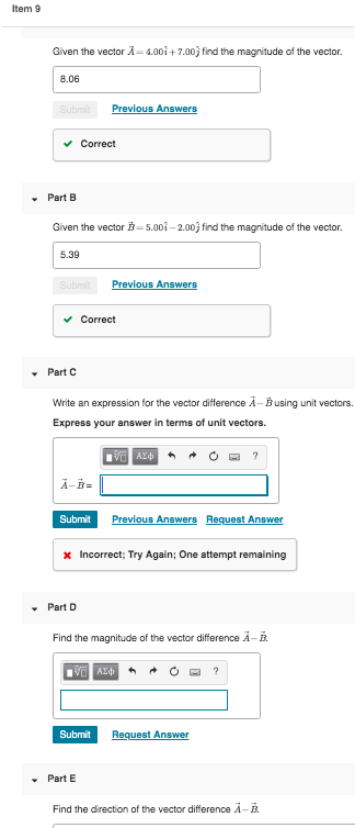 Solved Item 9 Given the vector A=4.00 +7.00 find the | Chegg.com