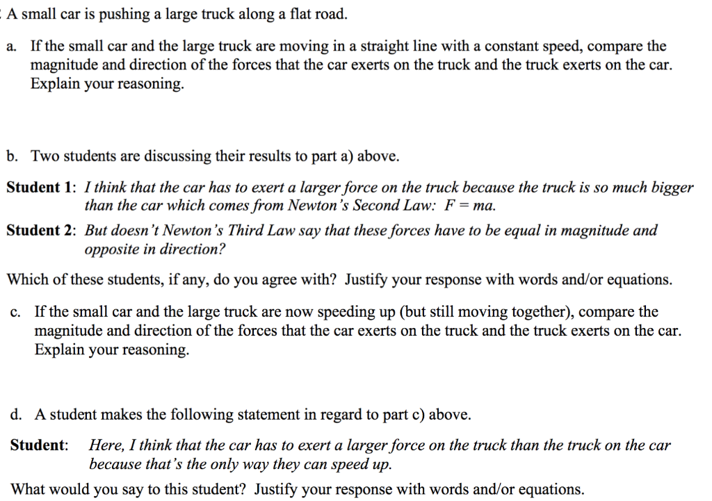 Solved A small car is pushing a large truck along a flat | Chegg.com