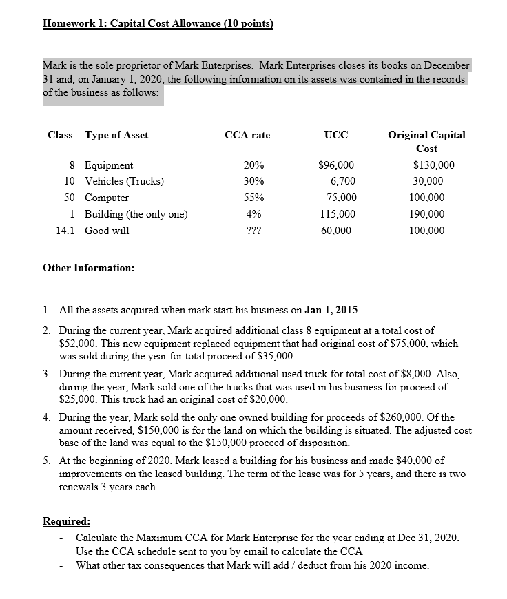 Homework 1: Capital Cost Allowance (10 points) Mark | Chegg.com