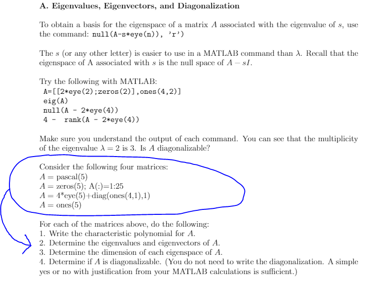 Solved MatLab commands: 1. eig(A) returns the eigenvalues of | Chegg.com