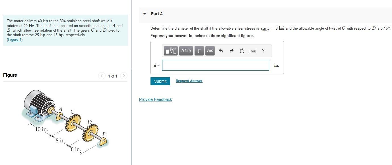 Solved The motor delivers 40hp to the 304 stainless steel | Chegg.com