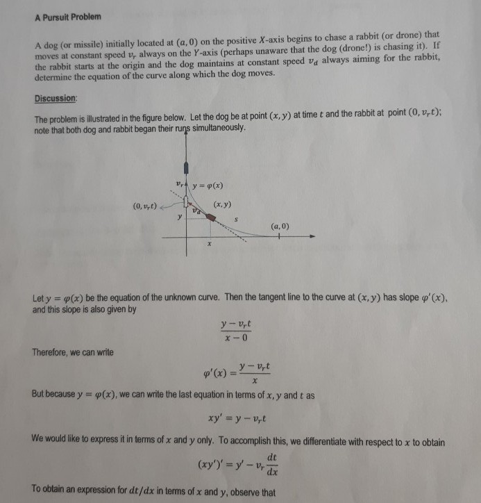 Solved A Pursuit Problem A dog (or missile) initially | Chegg.com