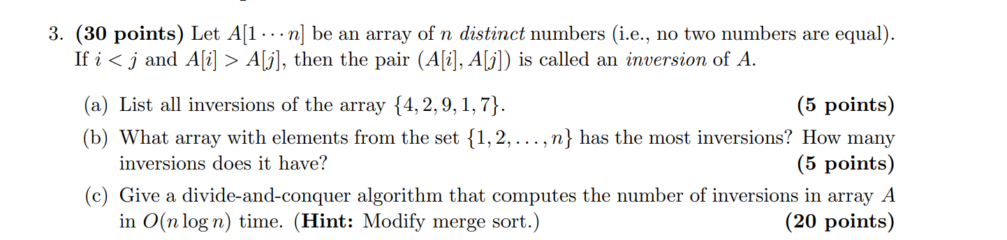 Solved 3 30 Points Let A 1⋯n Be An Array Of N Distinct 