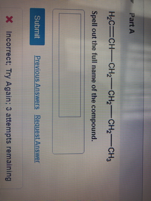 Solved Part A H2C CHCH2 CH2 CH2 CH3 Spell out the full name | Chegg.com