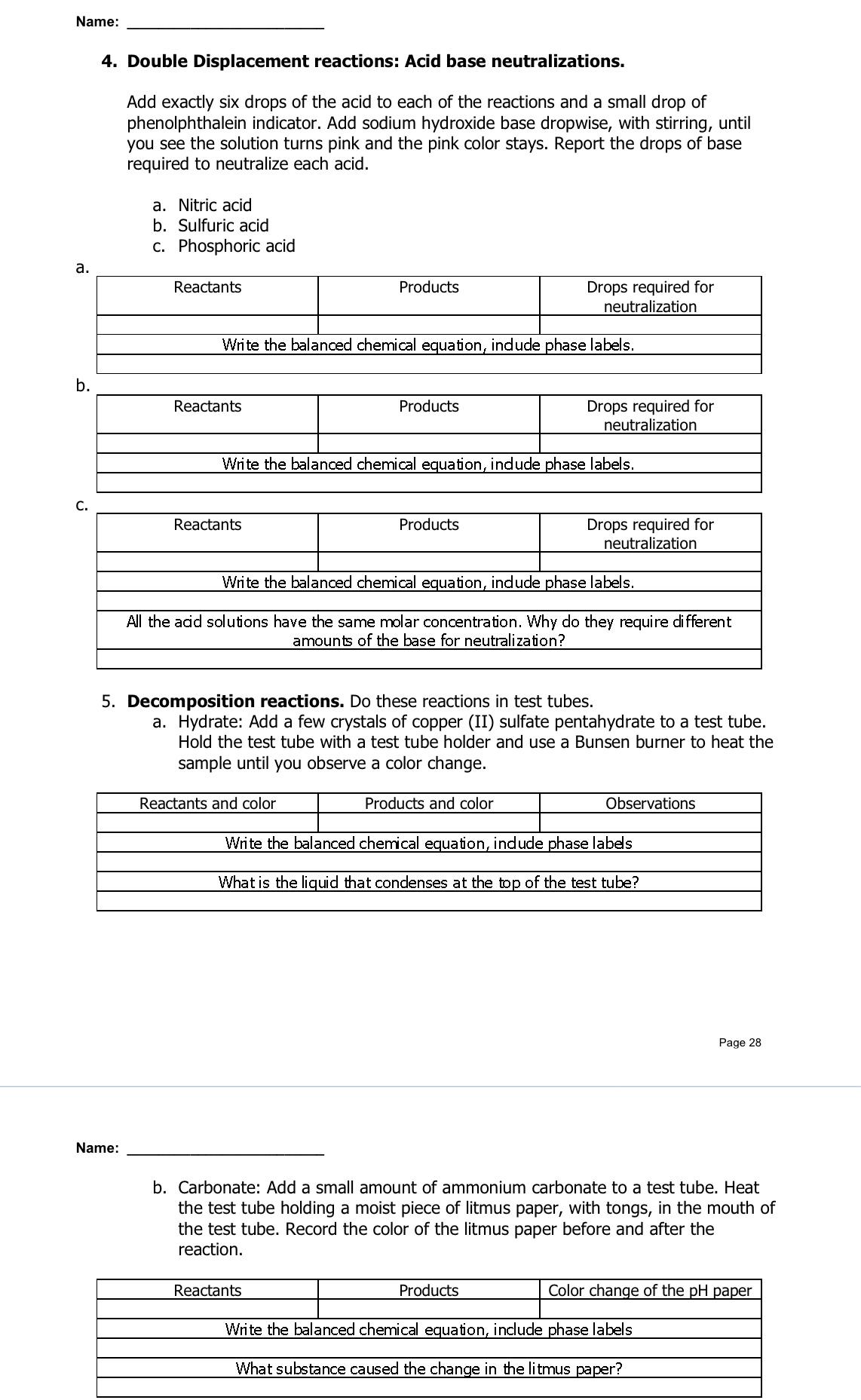 Solved Name: 4. Double Displacement reactions: Acid base | Chegg.com