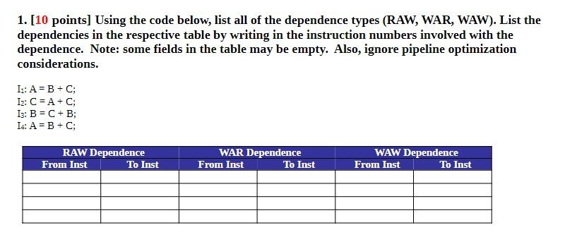 Solved 1. [10 points] Using the code below, list all of the | Chegg.com