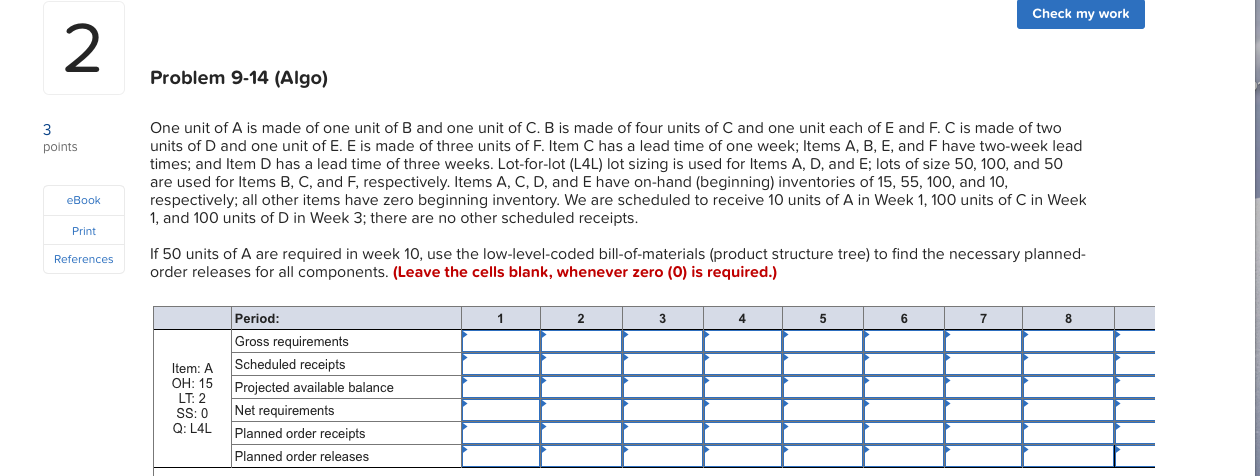 Solved Check my work Problem 9-14 (Algo) points One unit of | Chegg.com