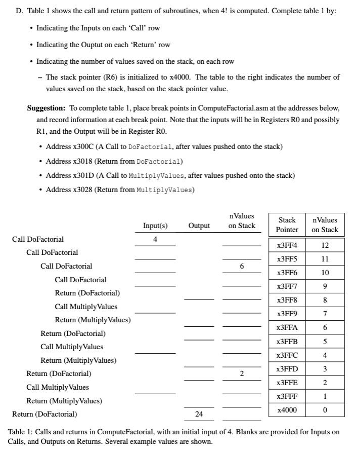 D. Table 1 shows the call and return pattern of | Chegg.com