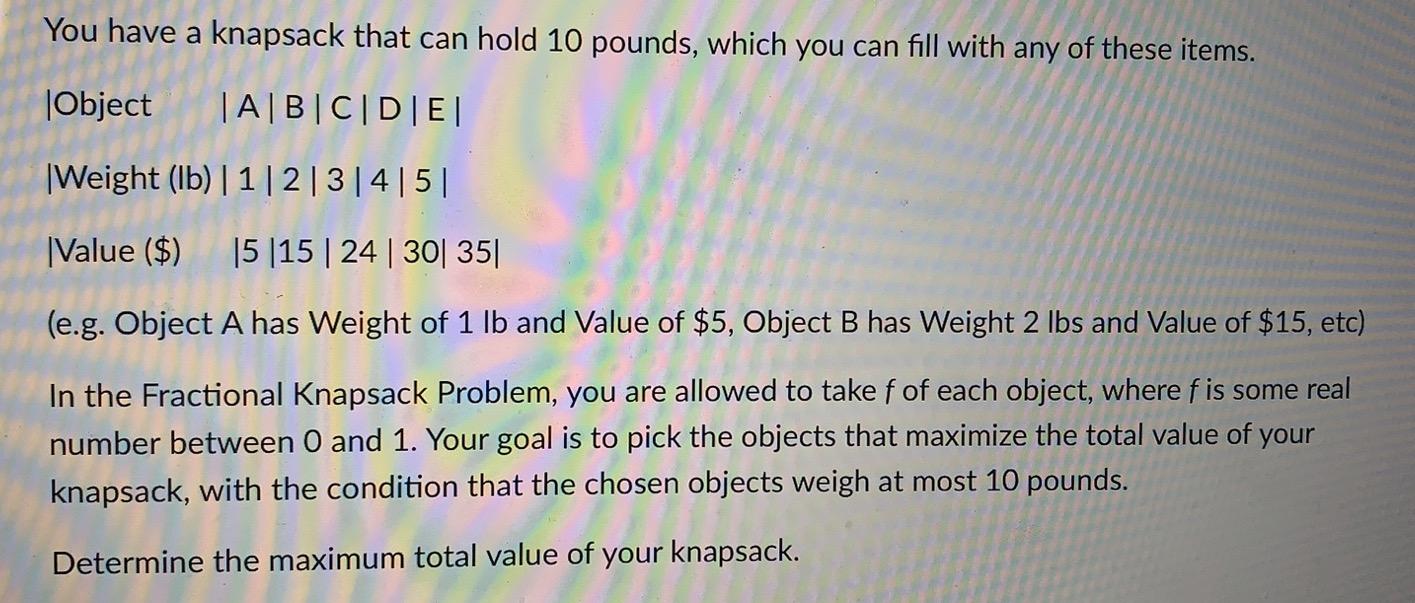 Solved You have a knapsack that can hold 10 pounds, which | Chegg.com