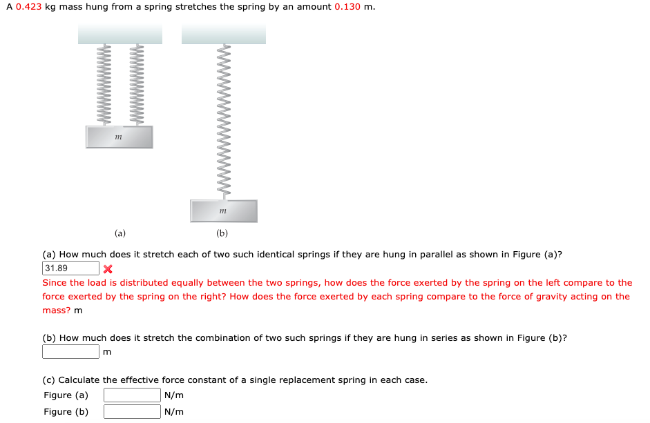 Solved A 0.423 kg mass hung from a spring stretches the | Chegg.com
