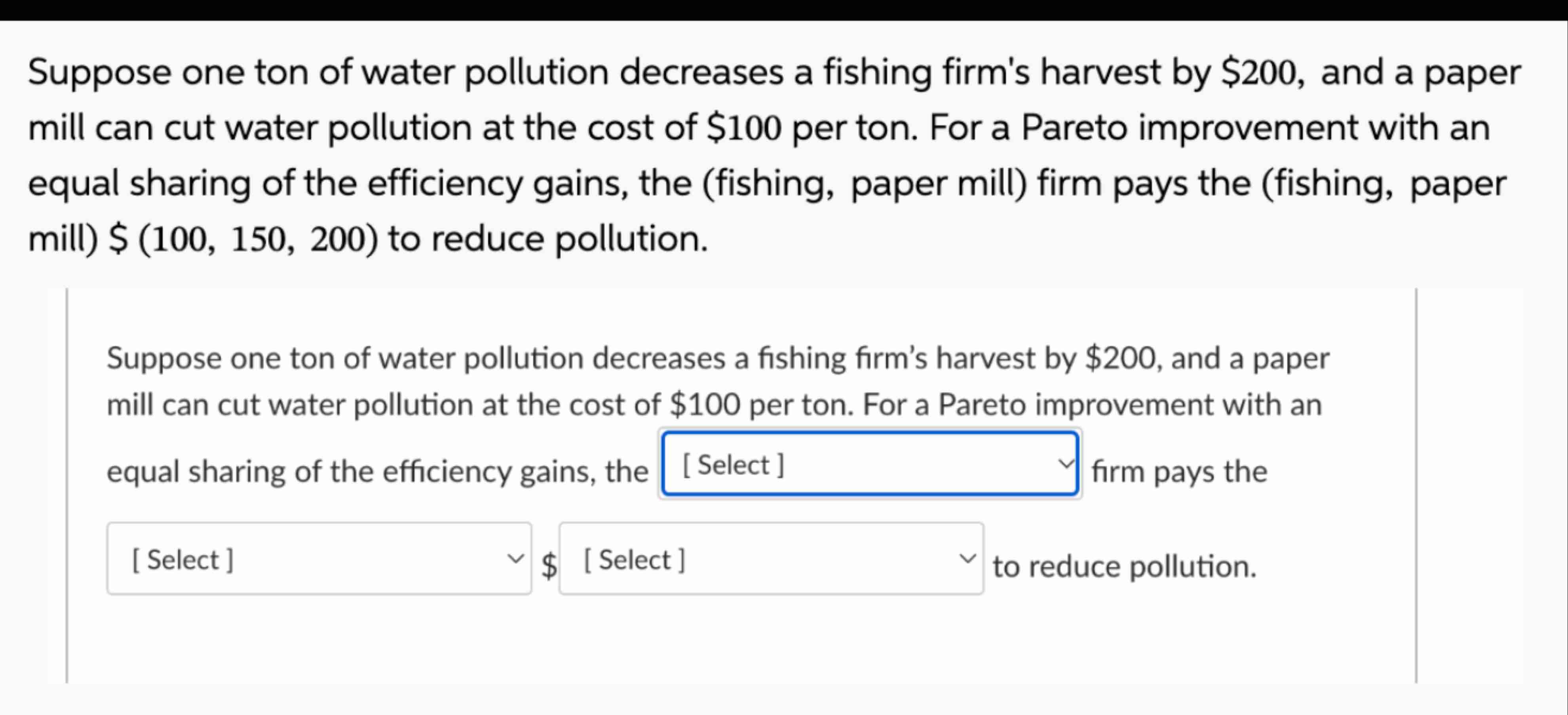Solved Suppose one ton of water pollution decreases a | Chegg.com