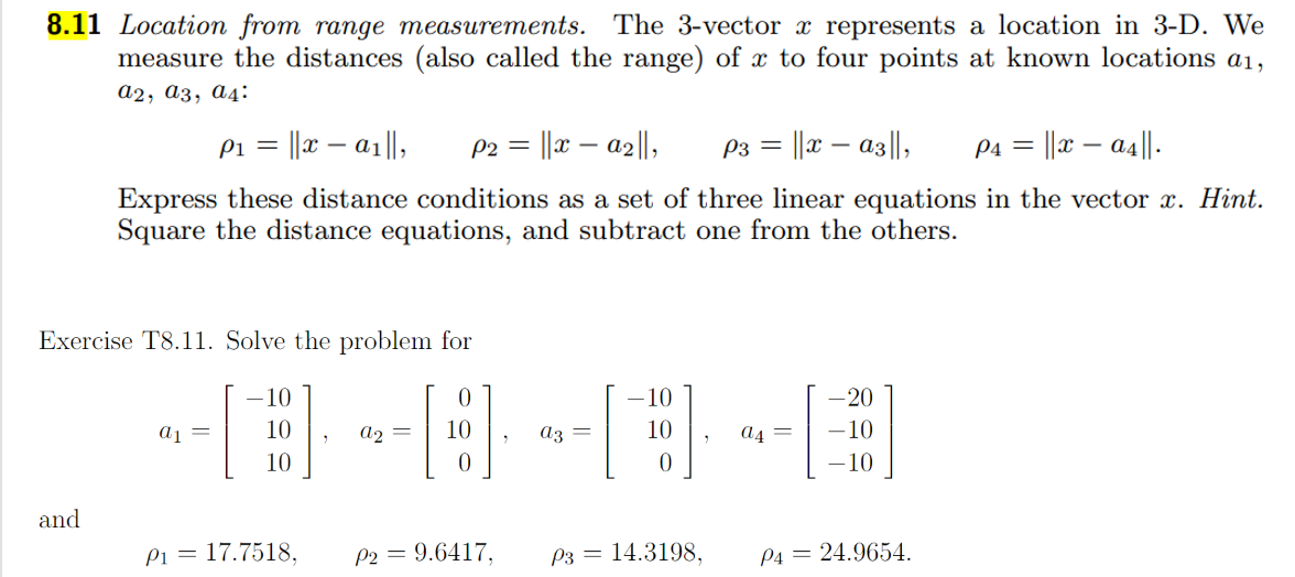 Solved 8.11 Location from range measurements. The 3 -vector | Chegg.com