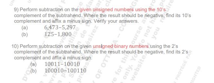 Solved се 9) Perform subtraction on the given unsigned | Chegg.com