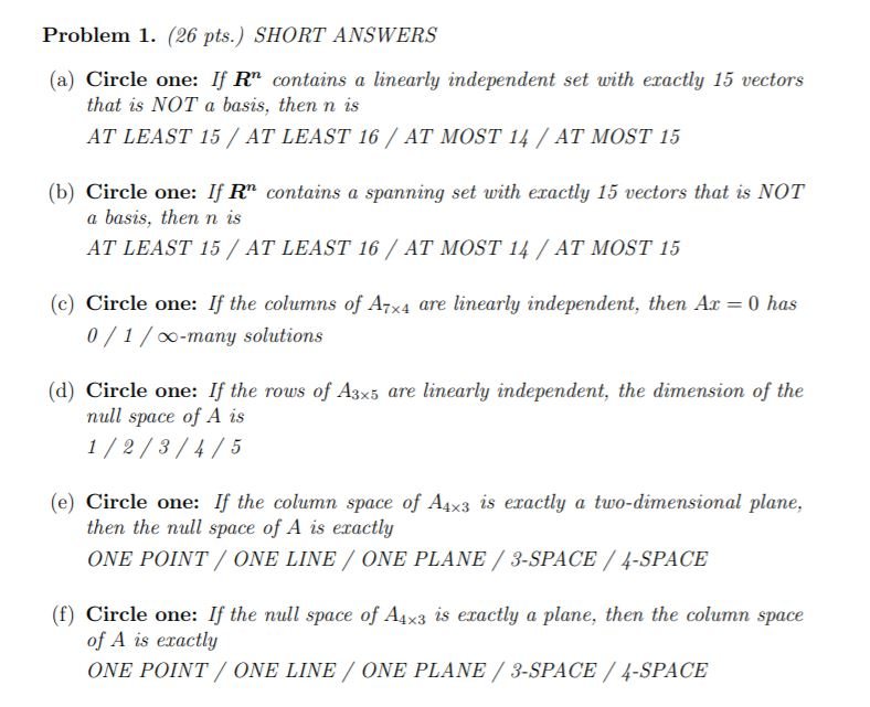Solved Problem 1. (26 pts.) SHORT ANSWERS (a) Circle one: If | Chegg.com