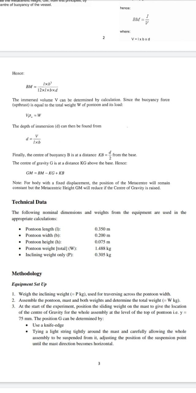 Solved EXPERIMENT 2: METACENTRIC HEIGHT Objective To locate | Chegg.com