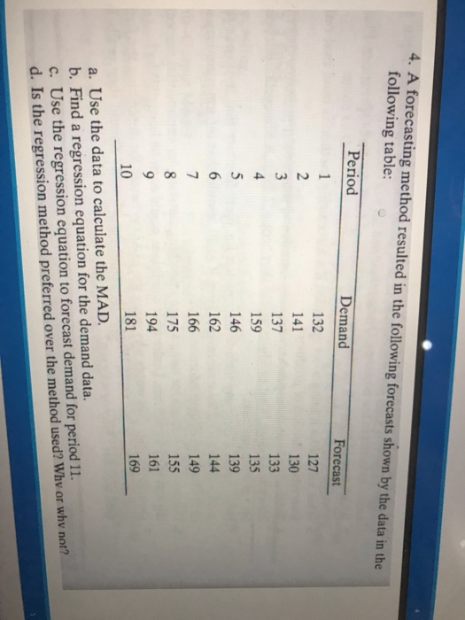 Solved 4. A forecasting method resulted in the following | Chegg.com