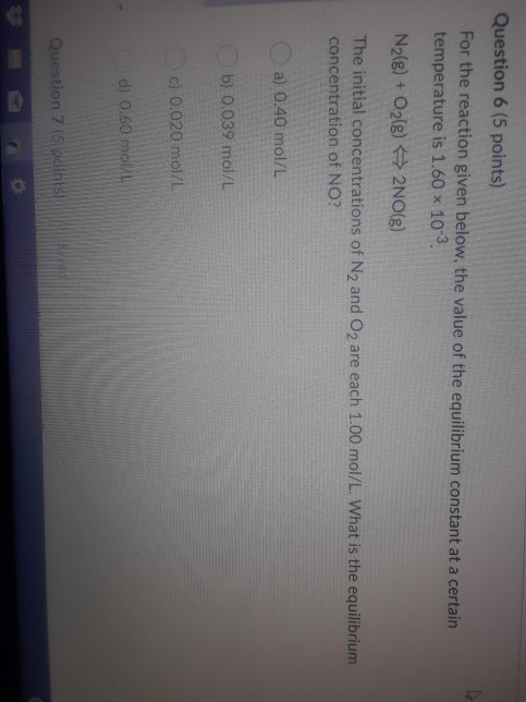 Solved Question 6 (5 points) For the reaction given below, | Chegg.com