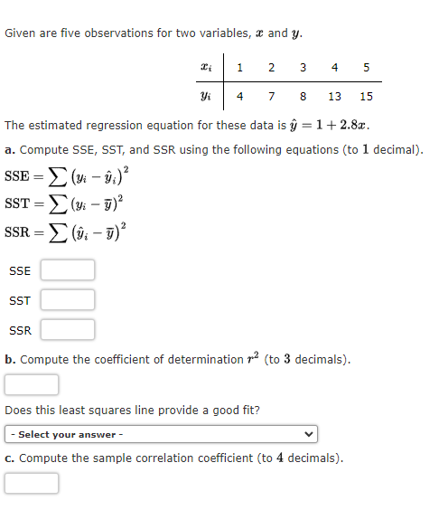 Solved Given are five observations for two variables, x ﻿and | Chegg.com