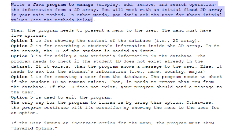 Solved Write a Java program to manage (display, add, remove, | Chegg.com
