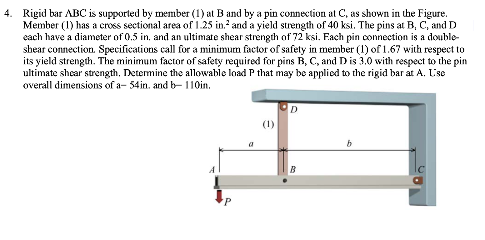 Solved 4. Rigid bar ABC is supported by member (1) at B and | Chegg.com