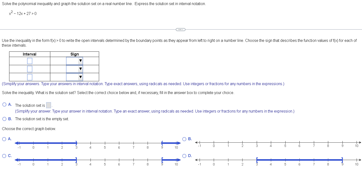 Solved x2−12x+27>0 Use the inequality in the form f(x)>0 to | Chegg.com