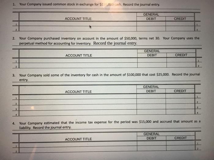 Solved 1. Your Company issued common stock in exchange for | Chegg.com