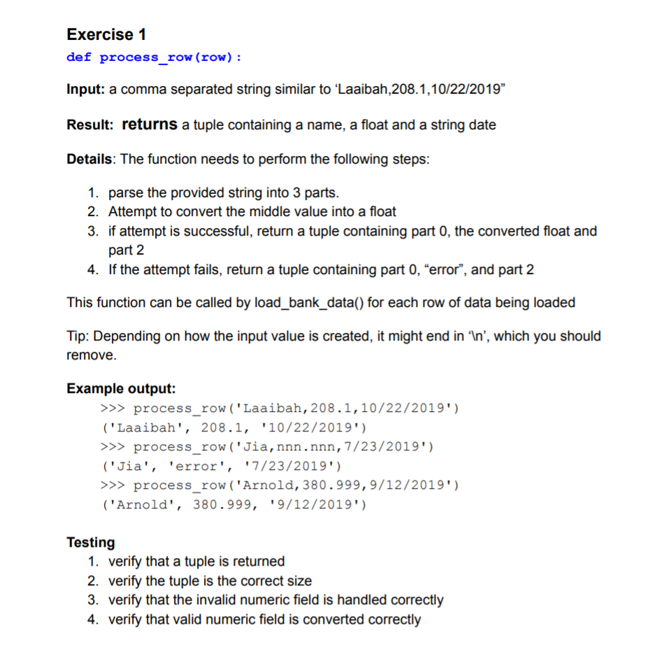 Solved Exercise 1 def process_row (row): Input: a comma | Chegg.com