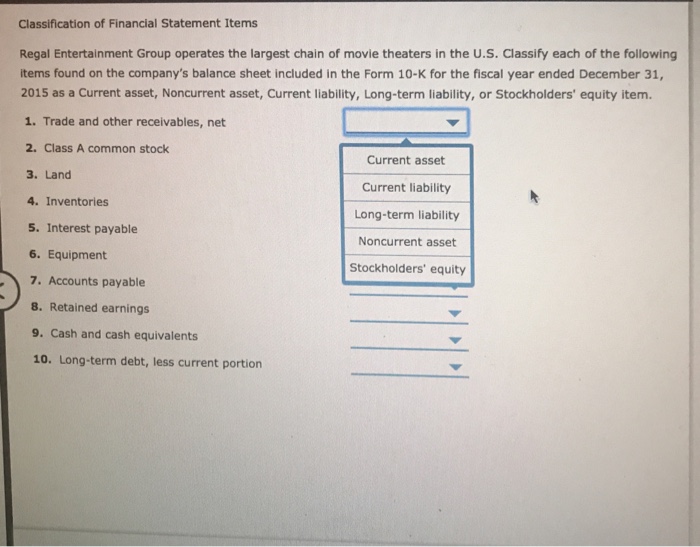 Solved Classification of Financial Statement Items Regal | Chegg.com