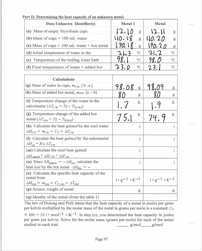 Solved Lab 13- The Specific Heat Capacity of Unknown Metal | Chegg.com