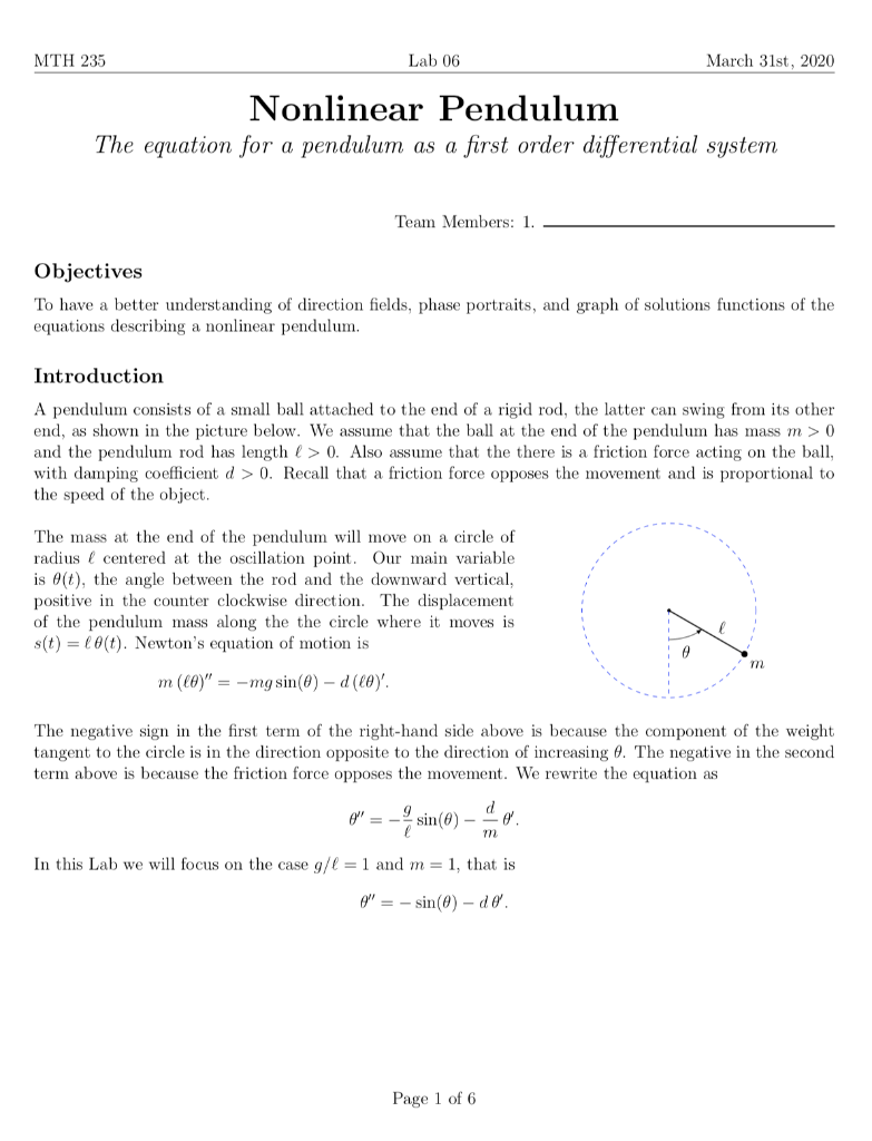 MTH 235 Lab 06 March 31st, 2020 Nonlinear Pendulum | Chegg.com