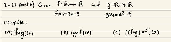 Solved 1- (7 points) Given f:R→R and g:R→R | Chegg.com