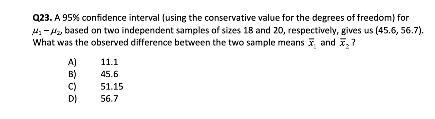 Solved Q23. A 95% confidence interval (using the | Chegg.com