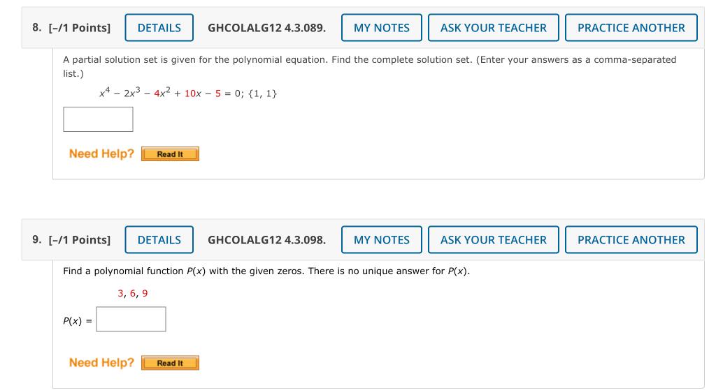 A partial solution set is given for the polynomial | Chegg.com