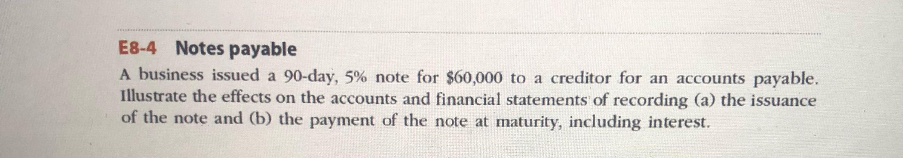 Solved E8-4 Notes payable A business issued a 90-day, 5% | Chegg.com