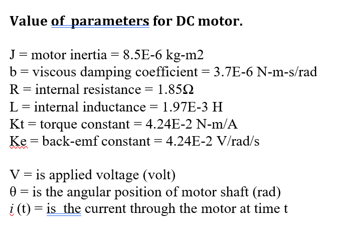 Solved Value of parameters for DC motor. Use Matlab to find | Chegg.com