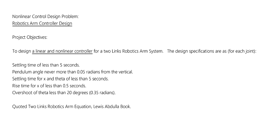 Nonlinear Control Design Problem: Robotics Arm | Chegg.com