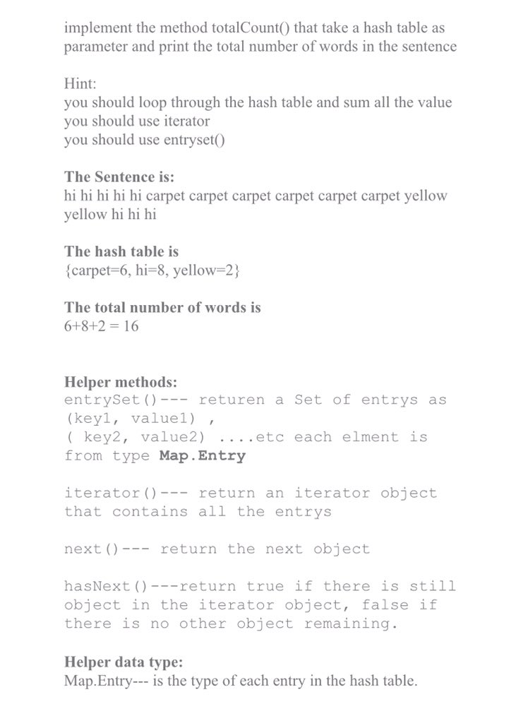 Solved implement the method totalCount() that take a hash | Chegg.com