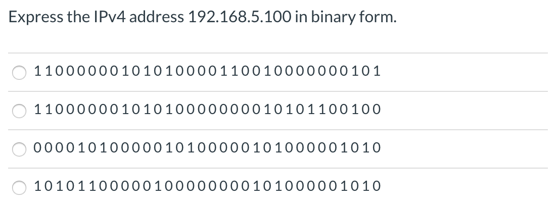 Solved Express the IPv4 address 192.168.5.100 in binary | Chegg.com