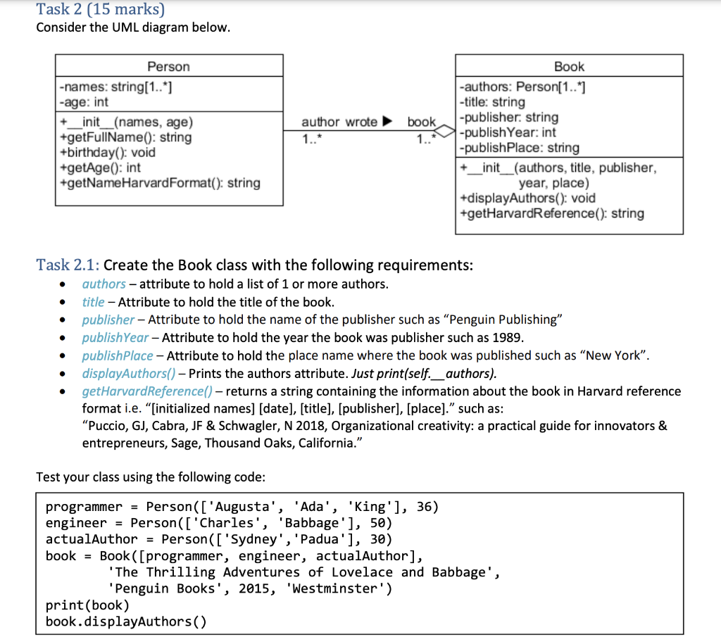 Solved Task 2 (15 marks) Consider the UML diagram below. | Chegg.com