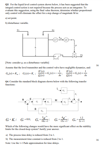 Q3. For the liquid level control system shown below, | Chegg.com