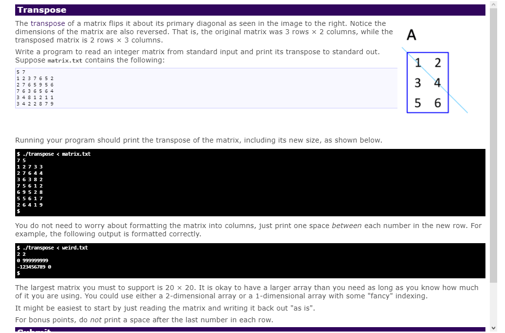 Solved Transpose The transpose of a matrix flips it about | Chegg.com