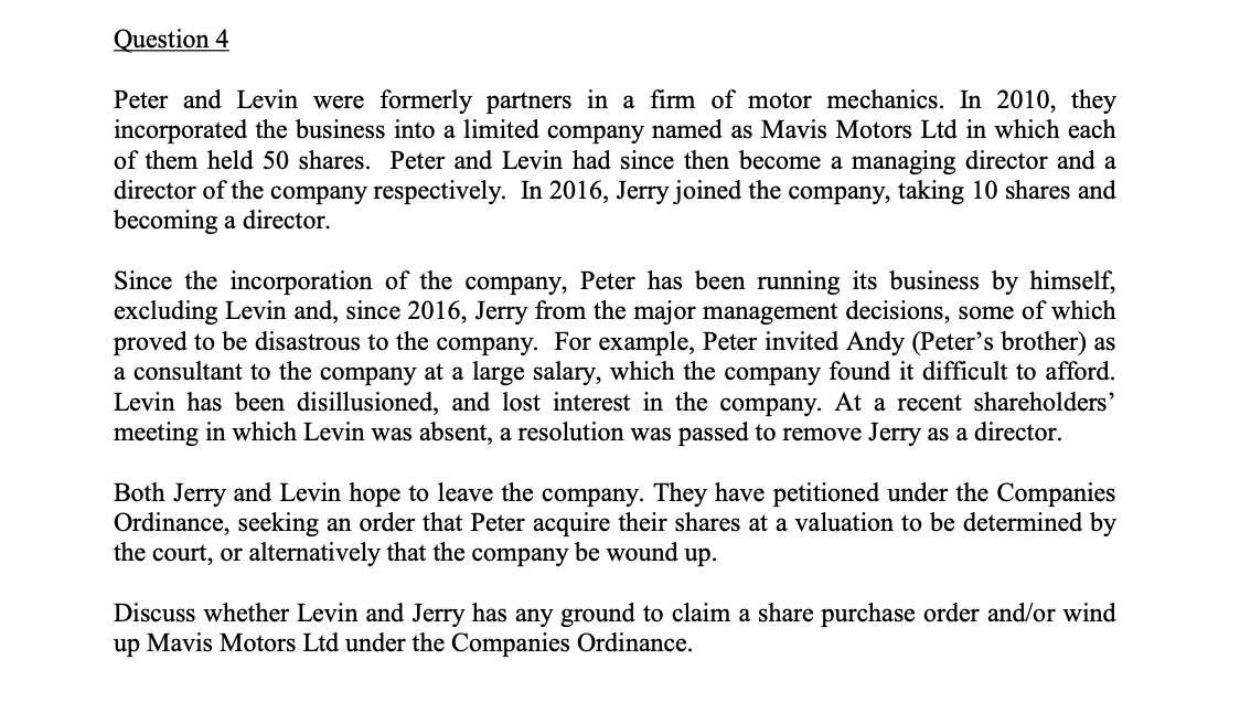 Solved Question 4 Peter and Levin were formerly partners in | Chegg.com