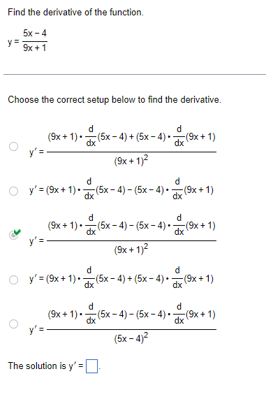 Solved Find the derivative of the function. y=9x+15x−4 | Chegg.com