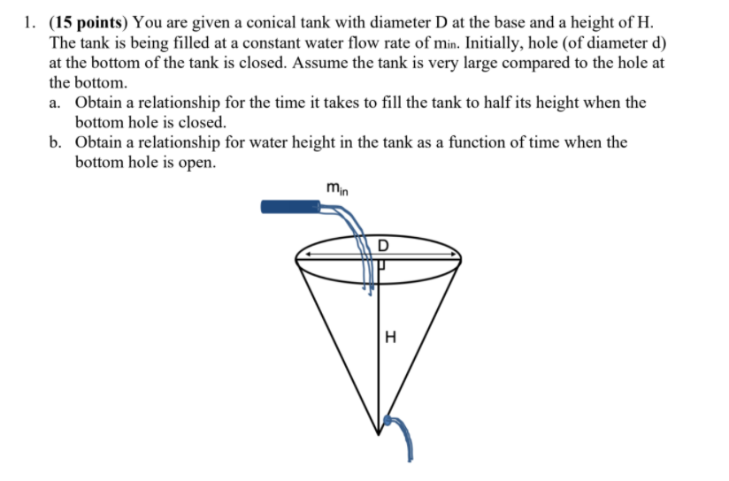 Solved 1. (15 points) You are given a conical tank with | Chegg.com