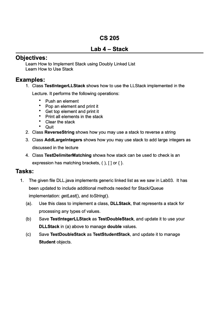 Solved CS 205 Lab 4 - Stack Objectives: Learn How to | Chegg.com
