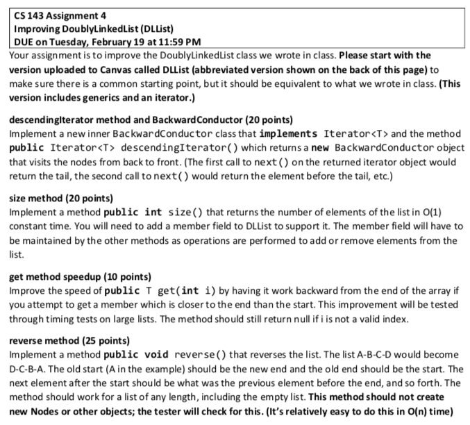 Solved CS 143 Assignment 4 Improving DoublyLinkedList | Chegg.com