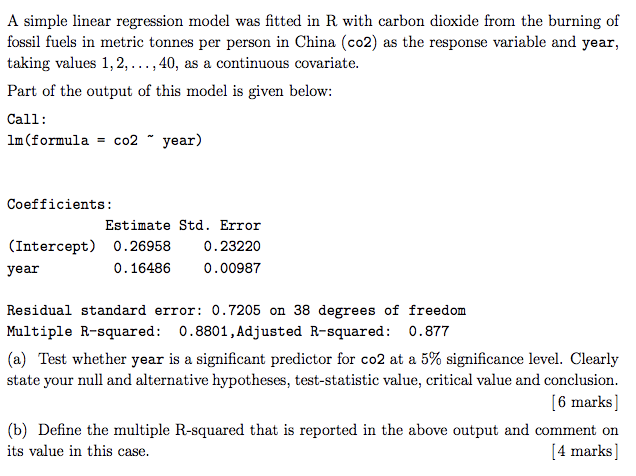 Solved A simple linear regression model was fitted in R with | Chegg.com