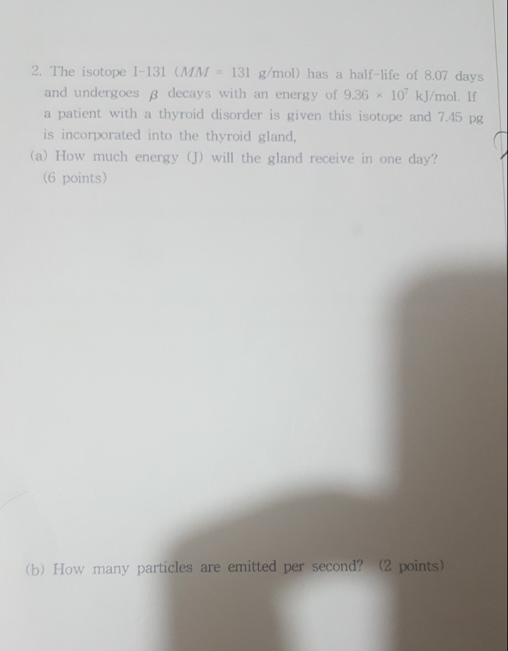 Solved 2. The isotope I-131 (MM 131 g/mol) has a half-life | Chegg.com