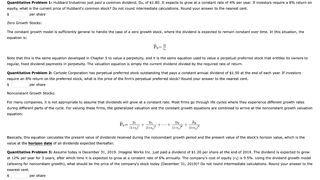 Solved Quantitative Problem 1: Hubbard Industries just paid | Chegg.com